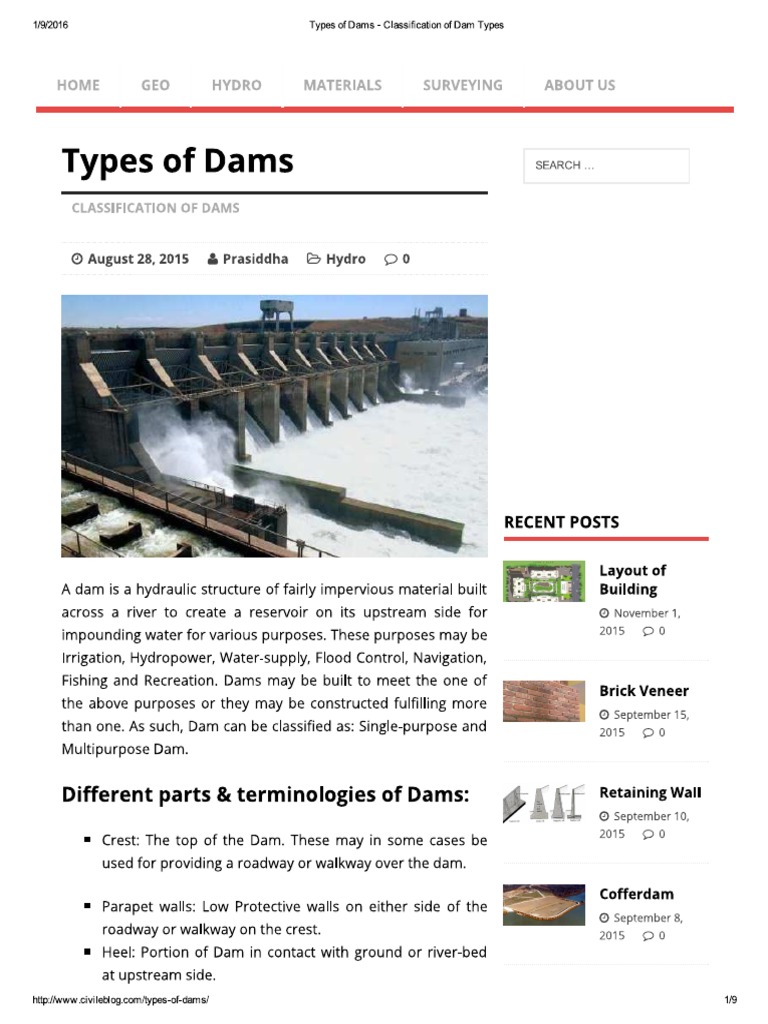Types of Dams - Classification of Dam Types | PDF