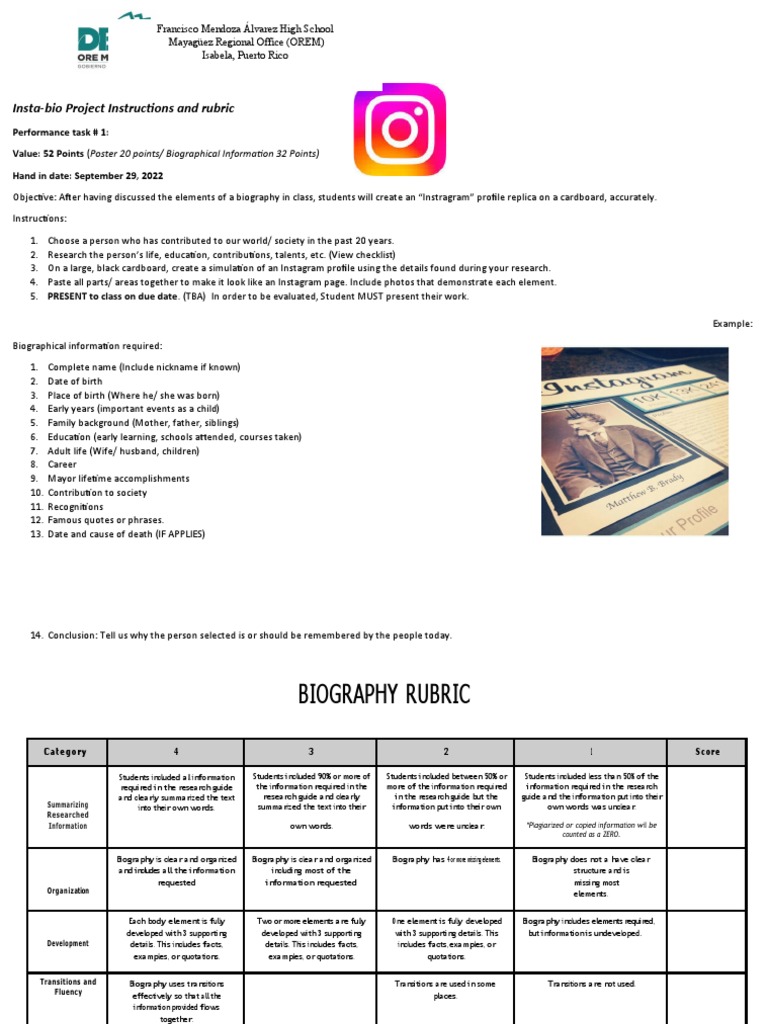 Insta-Bio Instructions and Rubric | PDF | Information | Rubric (Academic)