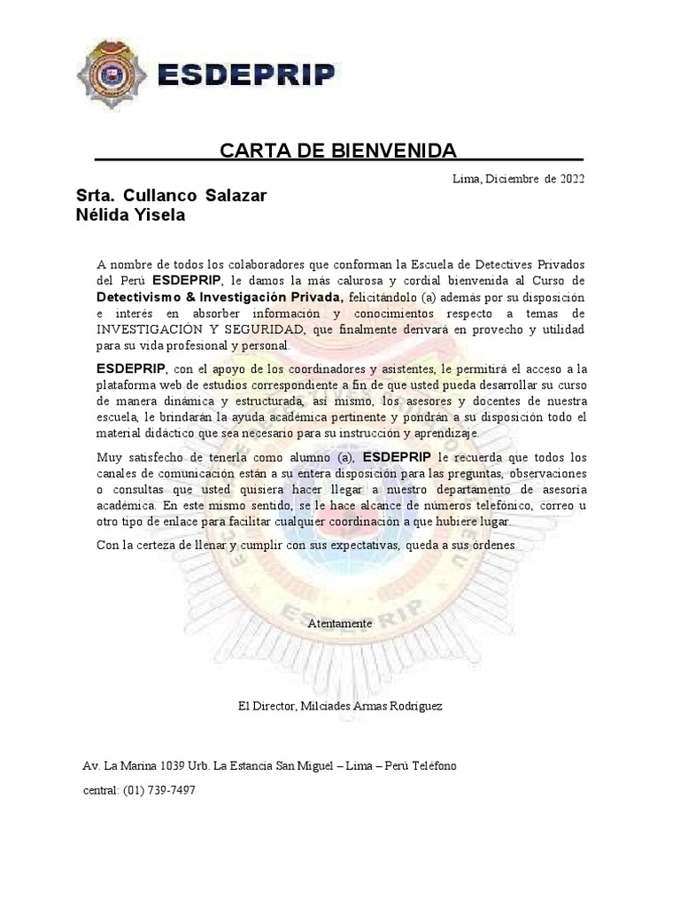 Carta de Bienvenida Cullanco | PDF