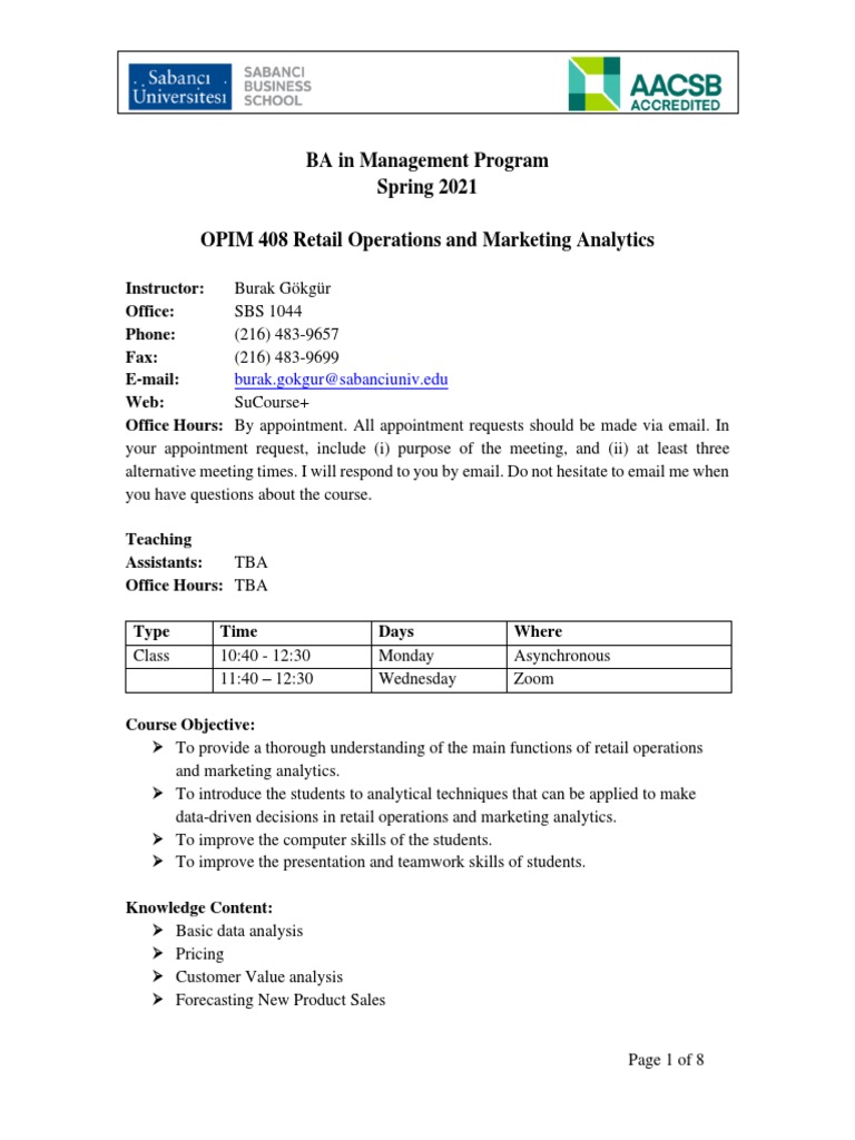 OPIM 408 - Syllabus Spring 2021 - v2 | PDF | Analytics | Turnitin