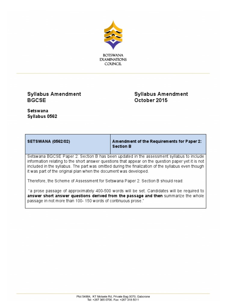 0562 Bgcse Setswana Syllabus Amendment | PDF