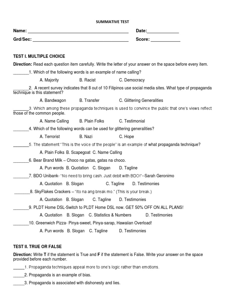 Summative Test | PDF | Propaganda | Advertising
