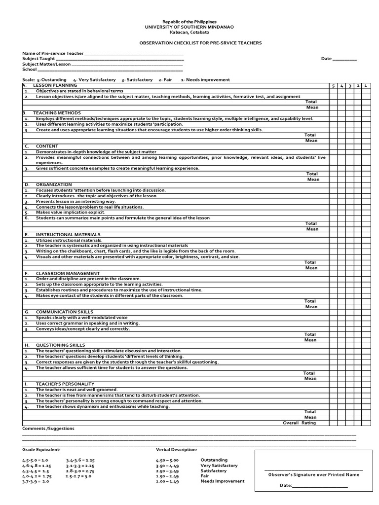 Observation Checklist For Demo Teaching | Download Free PDF | Teachers ...