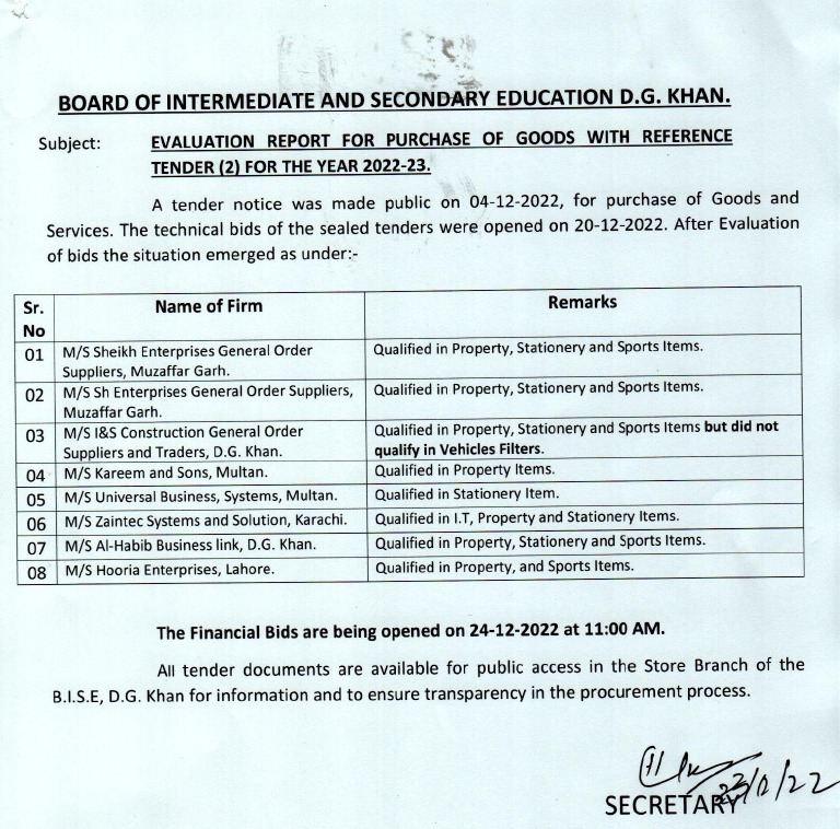 Tender 2 Evaluation Report 2022-23 | PDF