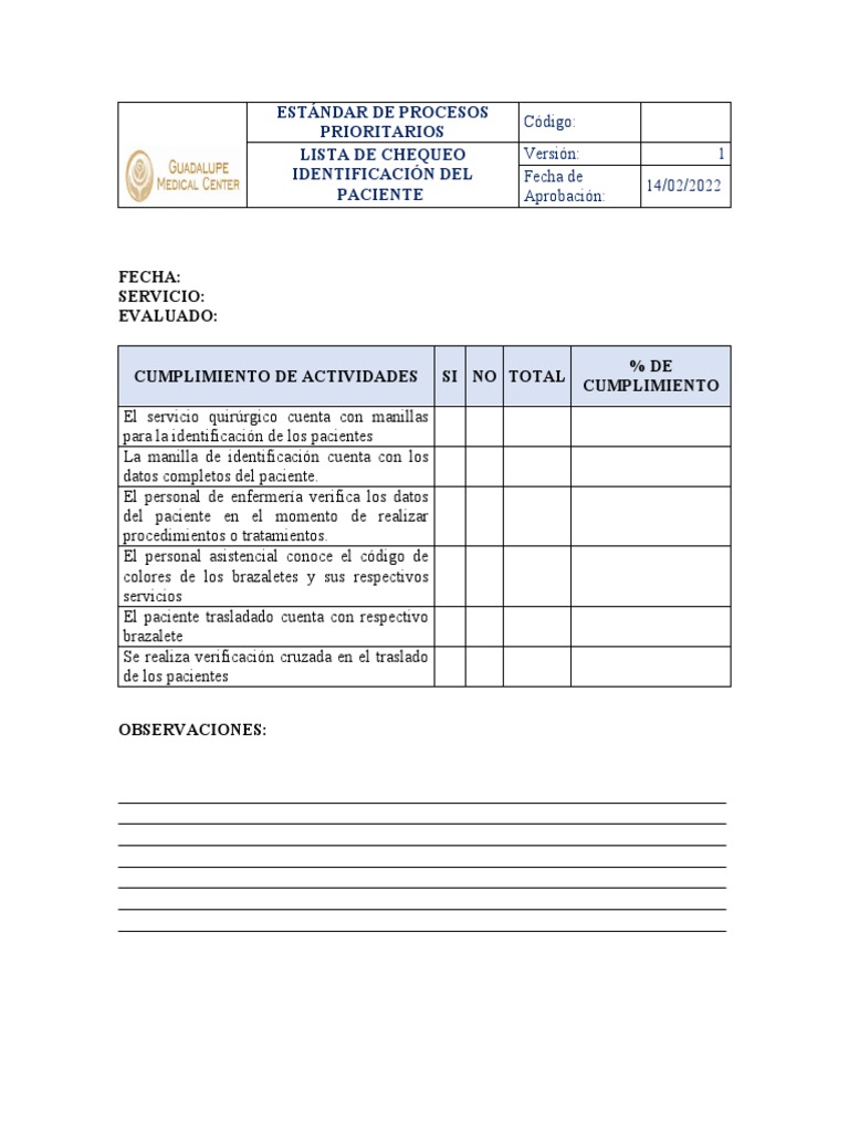 Lista de Chequeo Identificacion Del Paciente | PDF