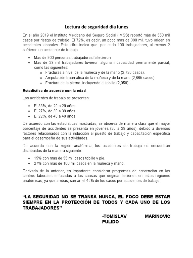 Lectura de Seguridad Día Lunes | PDF | Cáncer | Quemar