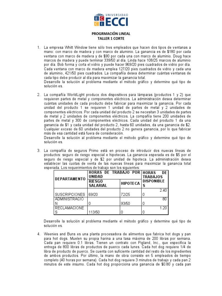 Taller Primer Corte Programación Lineal | PDF | Aluminio | Programación ... Taller Primer Corte Programación Lineal | PDF | Aluminio | Programación ...