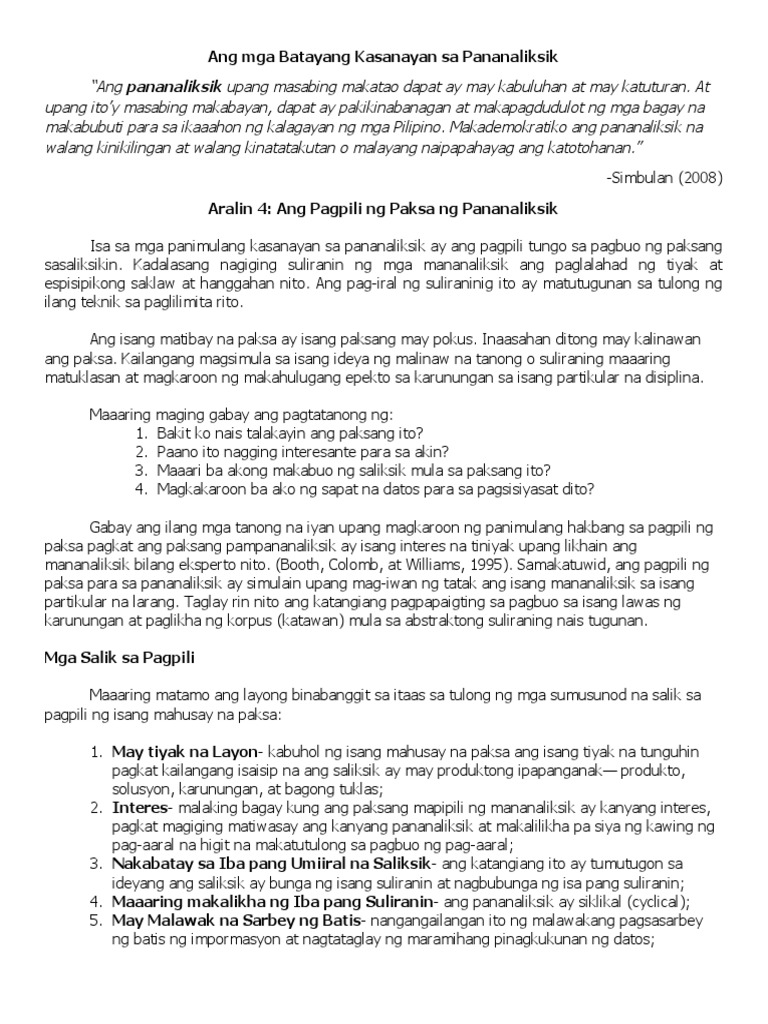 Aralin 4 Ang Pagpili NG Paksa NG Pananaliksik | PDF Aralin 4 Ang Pagpili NG Paksa NG Pananaliksik | PDF