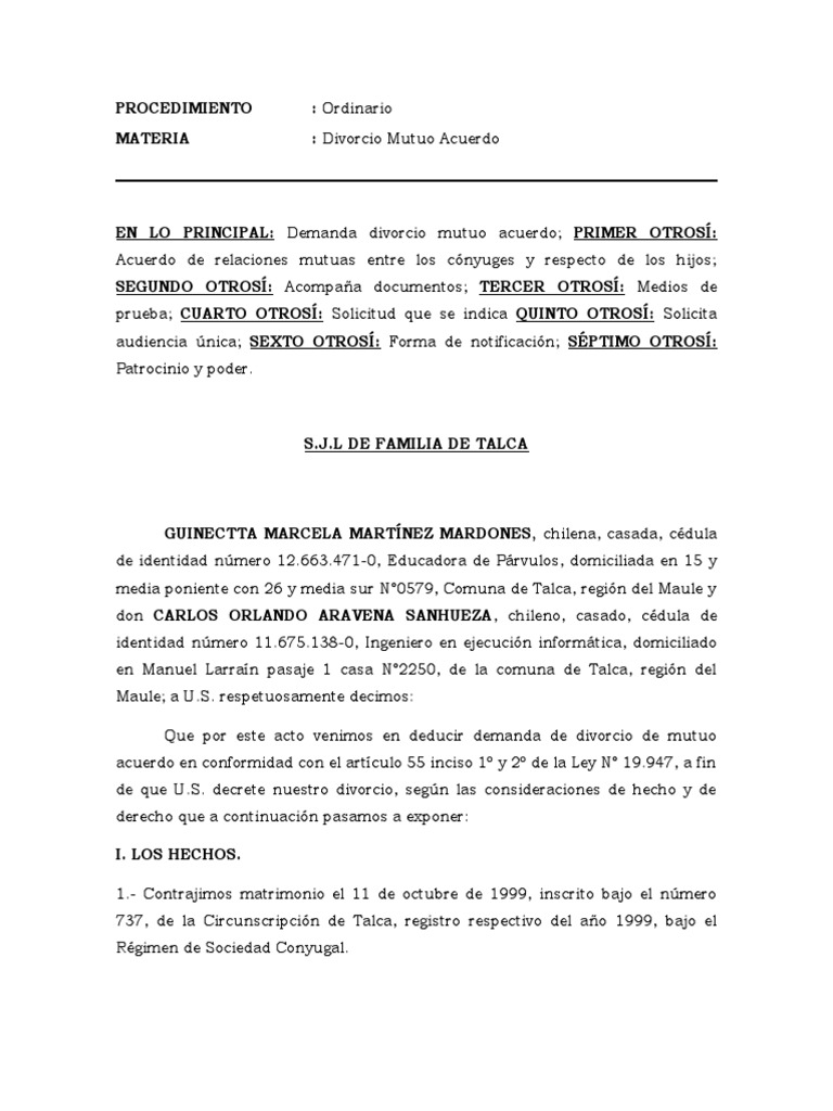 Modelo Divorcio Mutuo Acuerdo y Regulacion de Prestaciones Mutuas | PDF | Divorcio | Matrimonio