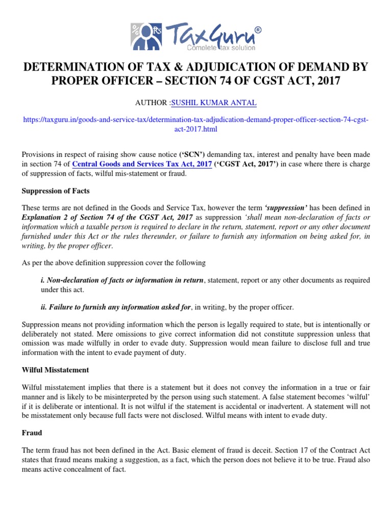 Determination of Tax & Adjudication of Demand by Proper Officer – Section 74 of CGST Act, 2017 ...