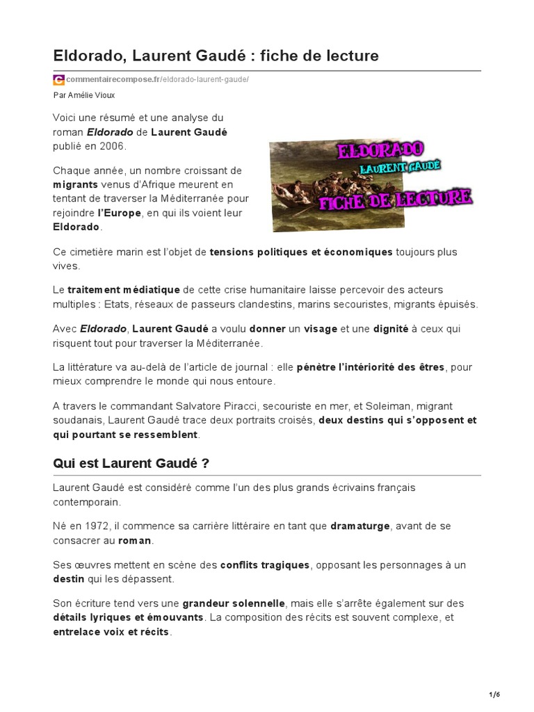 Fiche de lecture : Eldorado de Gaudé | PDF | Romans