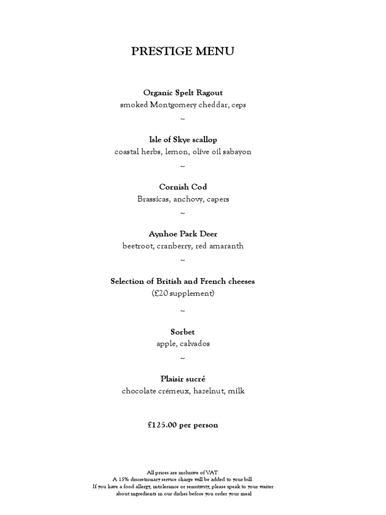 Current Prestige Menu | PDF