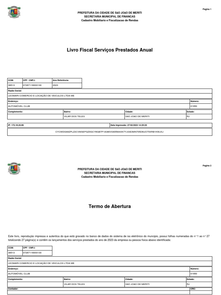 Livro Fiscal de Serviços Prestados da empresa LEOMARI COMERCIO E ...