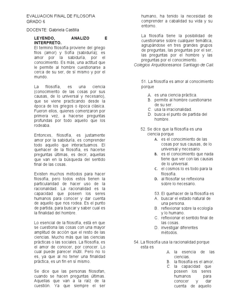EVALUACION FINAL DE FILOSOFIA GRADO 6 Gaby | PDF | Conocimiento | Amor