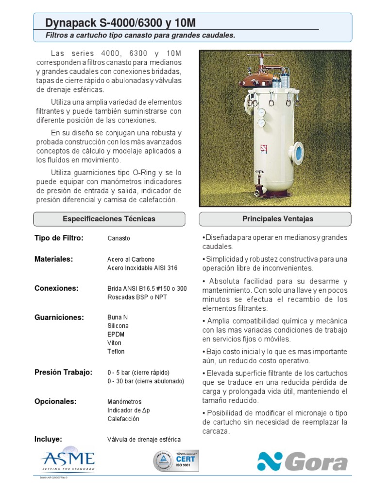 Filtros Canasto Gora Dynapack 4000, 6300 y 10M | PDF