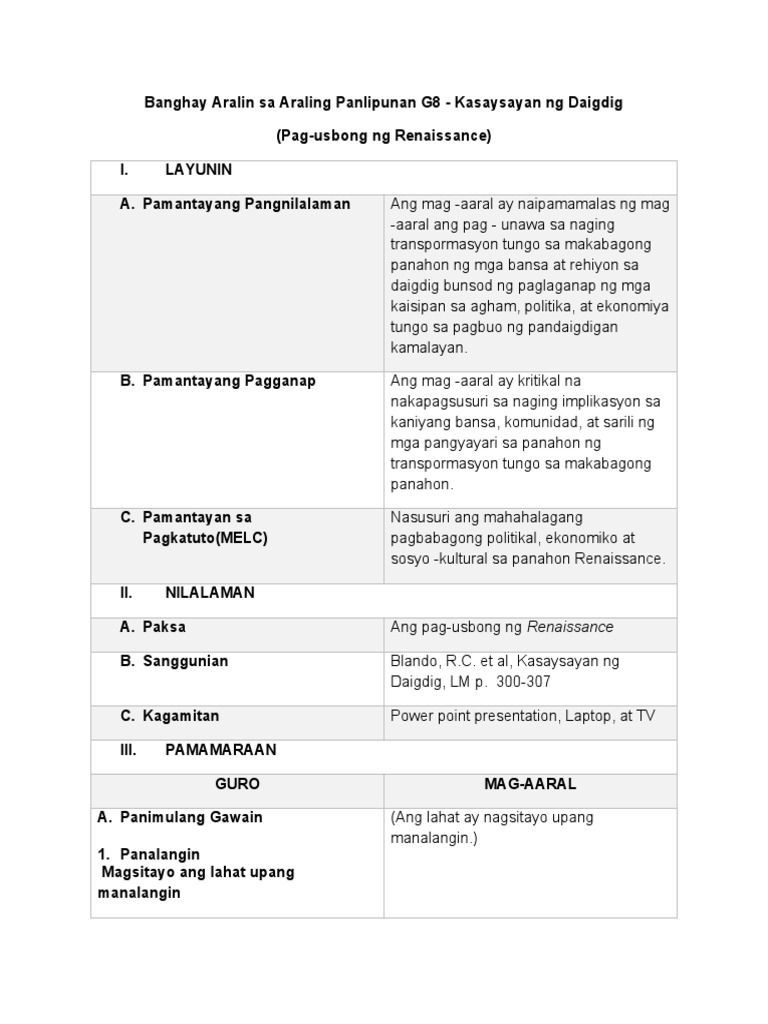 Banghay Aralin Sa Araling Panlipunan G8-Renaissance | PDF