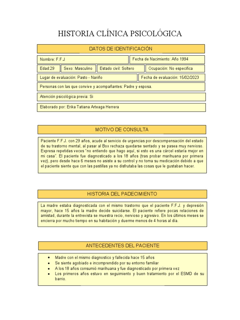 Historia Clínica Psicológica | PDF | Trastorno mental | Sicología