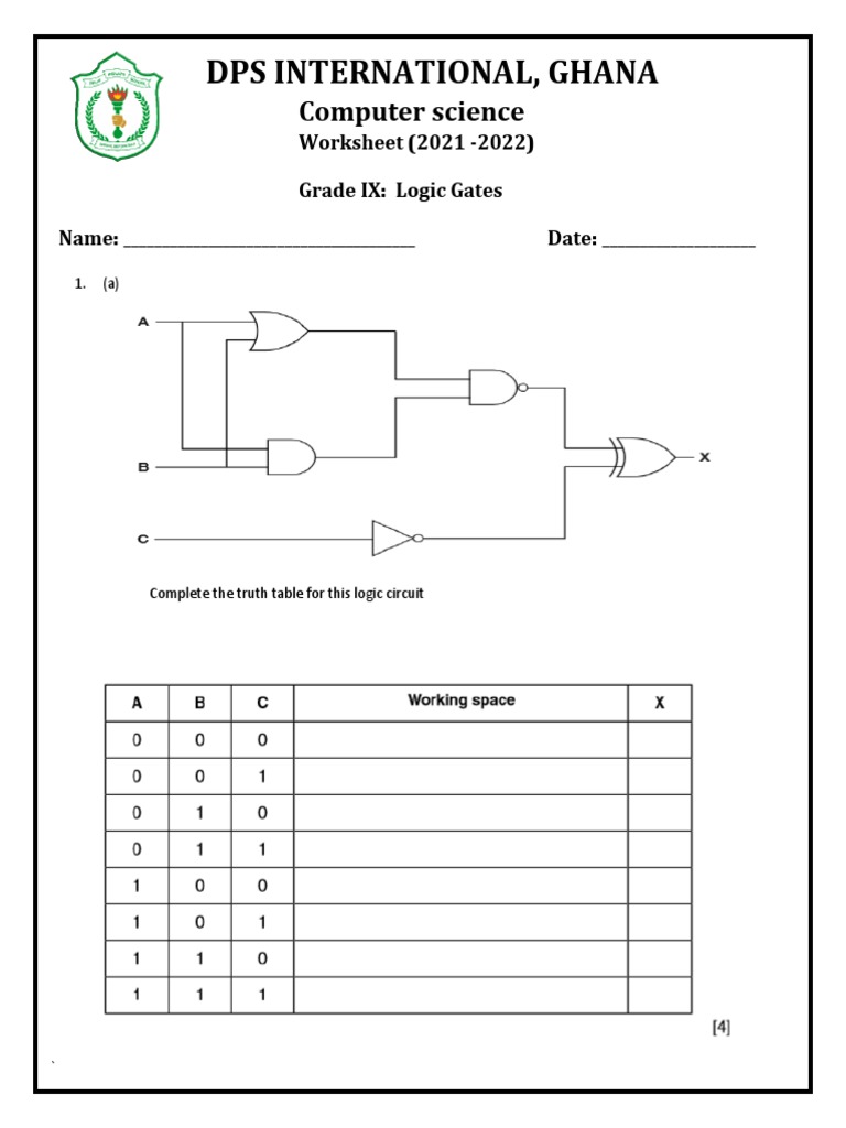 DPS International Ghana Computer Science Worksheet Logic Gates | PDF