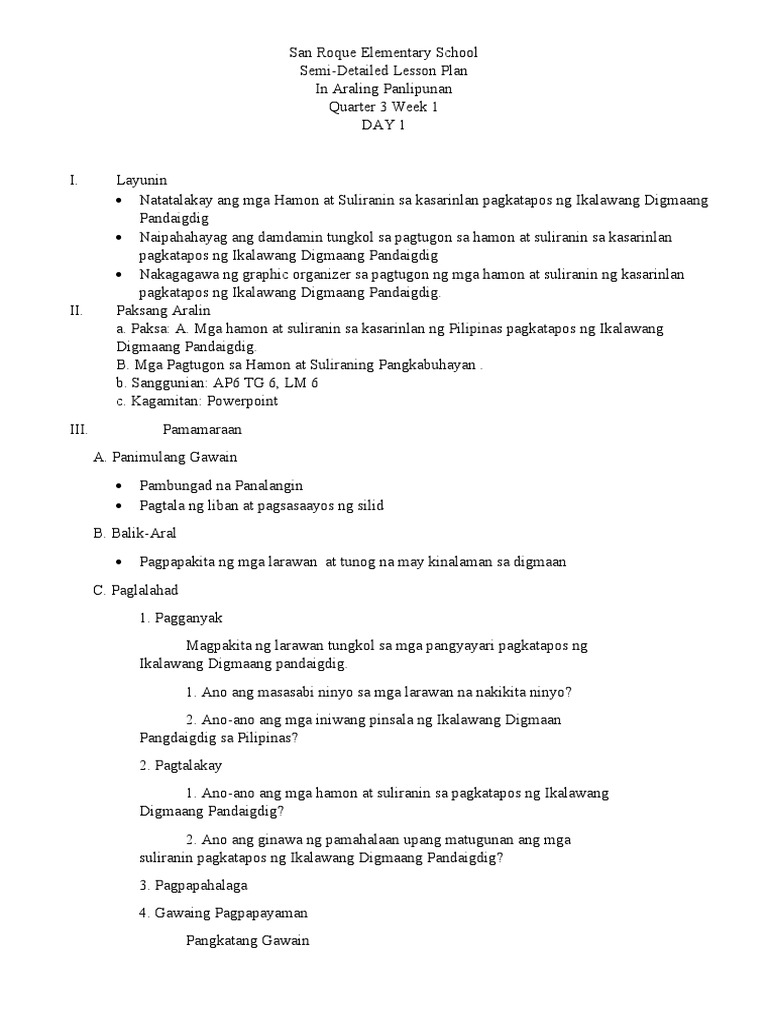 AP Q3W1-Semi-Detailed Lesson Plan | PDF