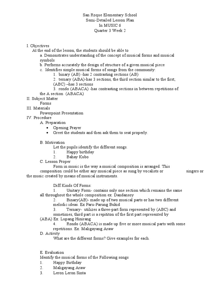MAPEH Q3W1 Lesson Plan | PDF | Gastrointestinal Tract | Musical Forms