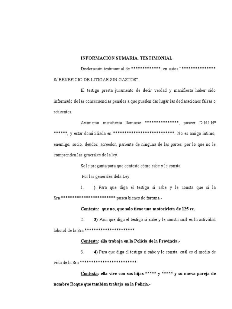 INFORMACIÓN SUMARIA Testigp Beneficio Modelo | PDF