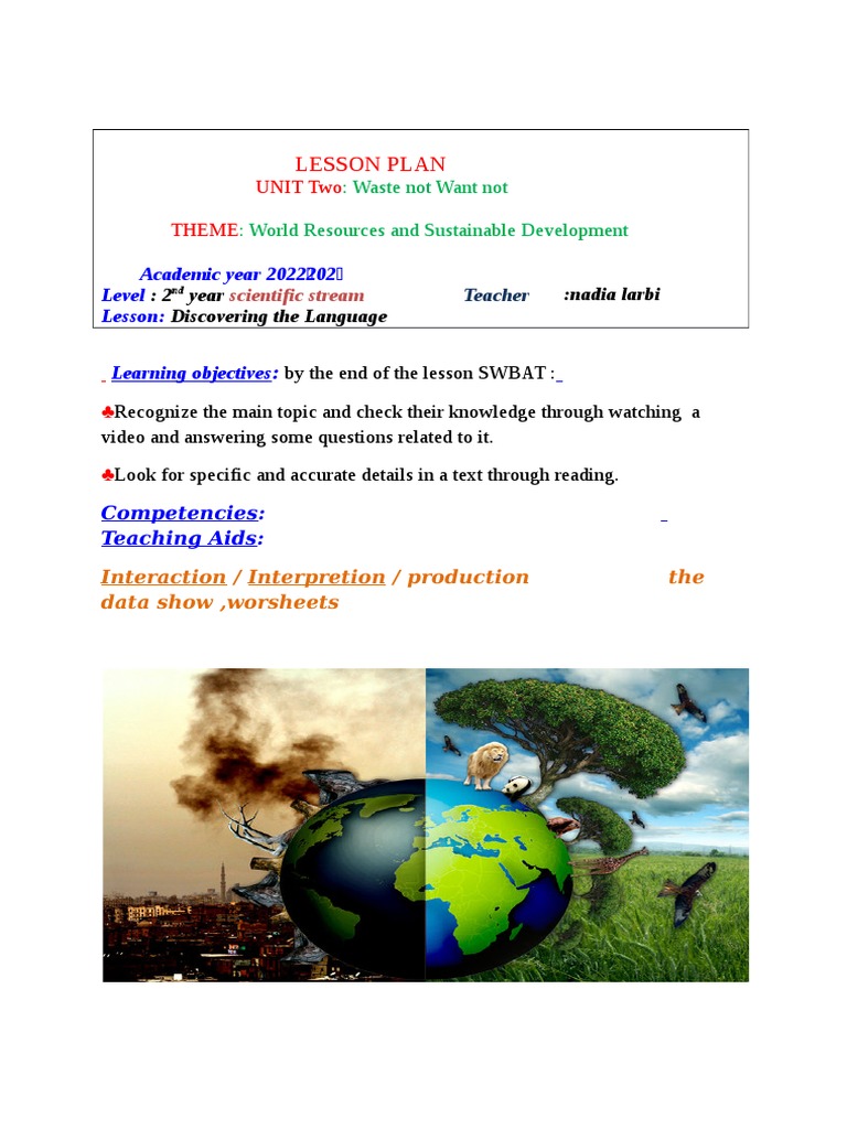 Samira CAPES Lesson Plan Waste Not Want Not | PDF | Teachers | English ...
