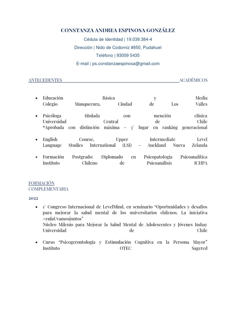 CV Constanza Espinosa G | PDF | Sicología | Salud mental