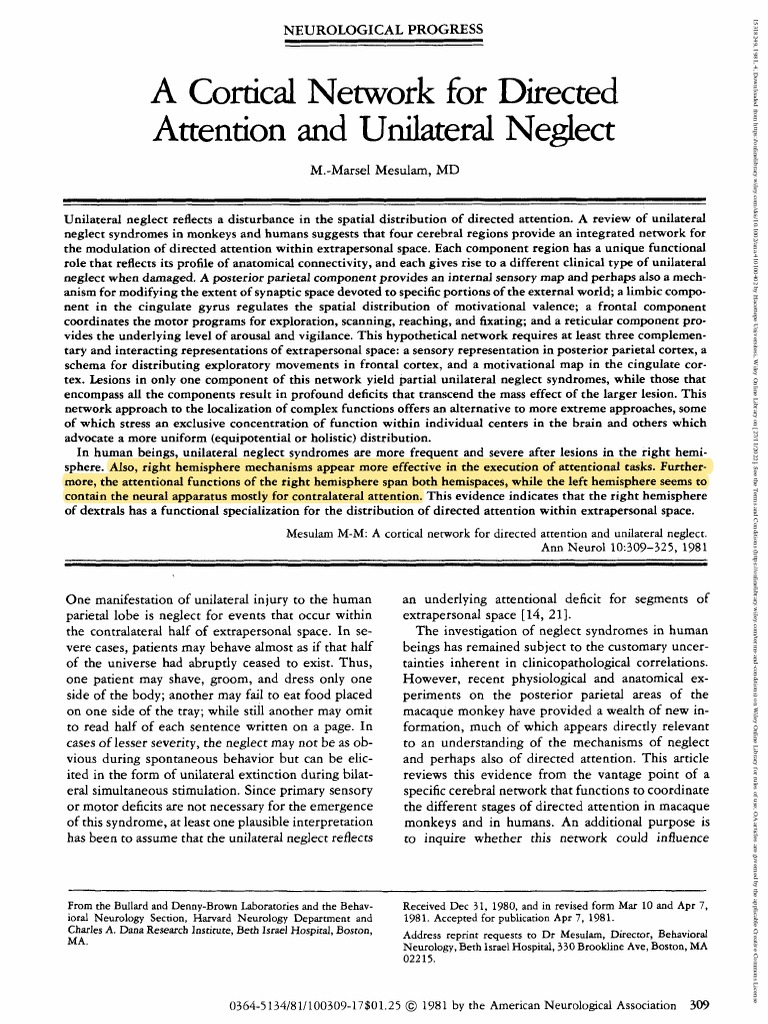 Annals Of Neurology October 1981 Mesulam A Cortical Network For