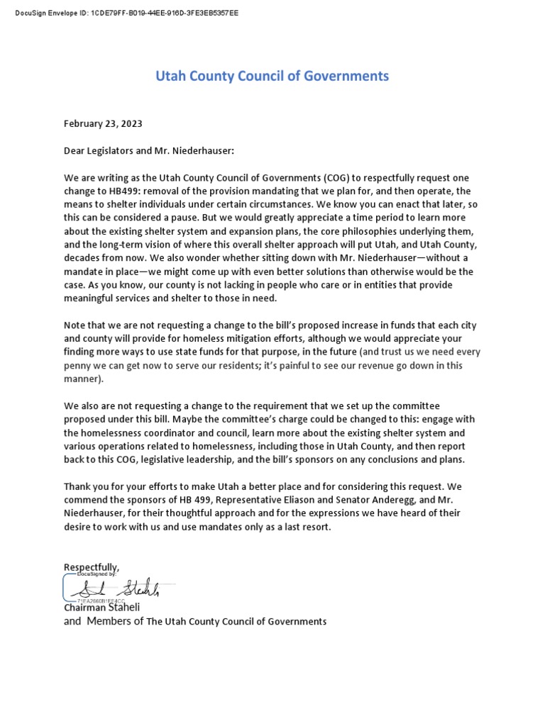 HB 499 Utah County COG Letter | PDF | Homelessness