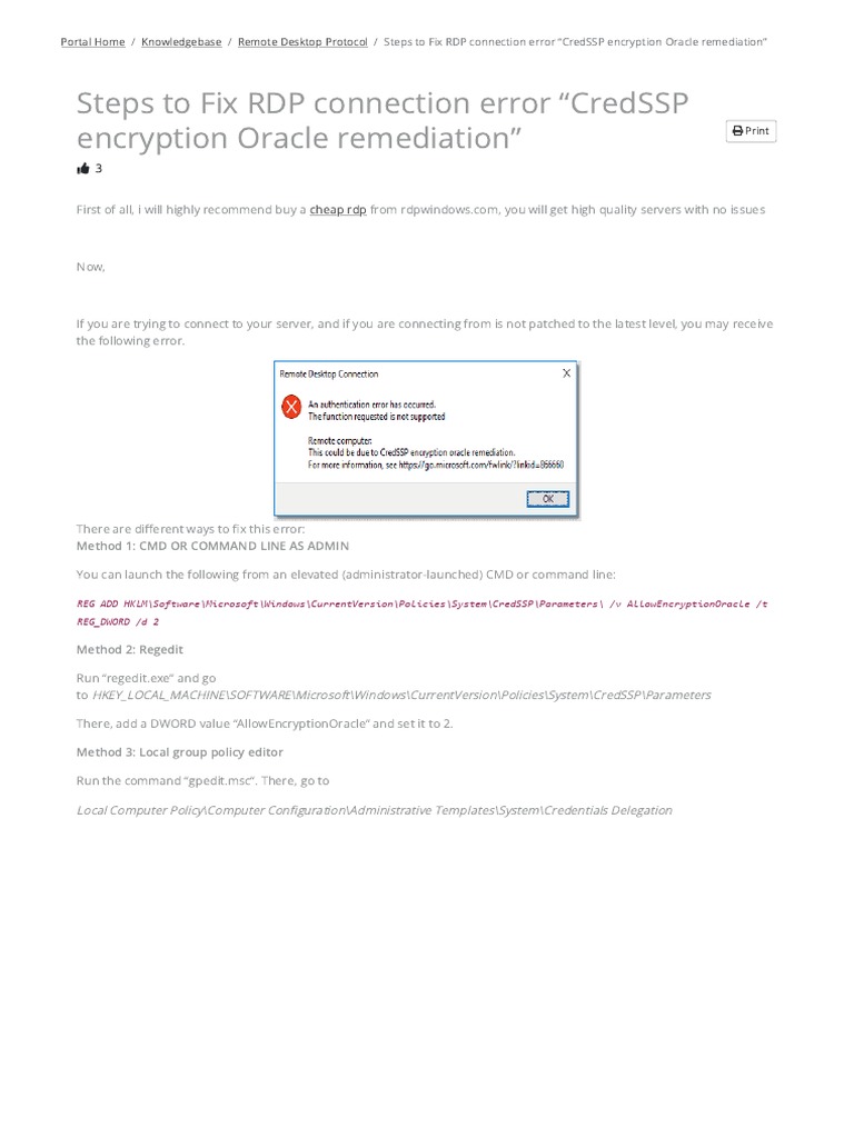 Steps To Fix Rdp Connection Error Credssp Encryption Oracle Remediation Pdf
