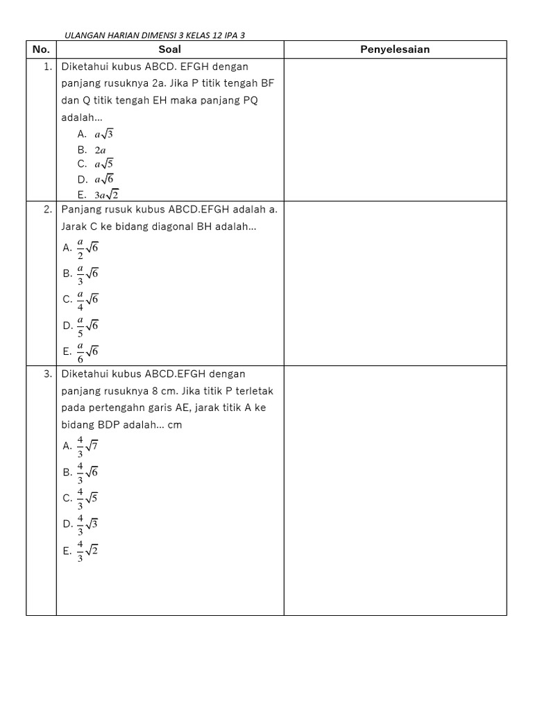 Ulangan Harian Dimensi 3 Kelas 12 Kode A PDF