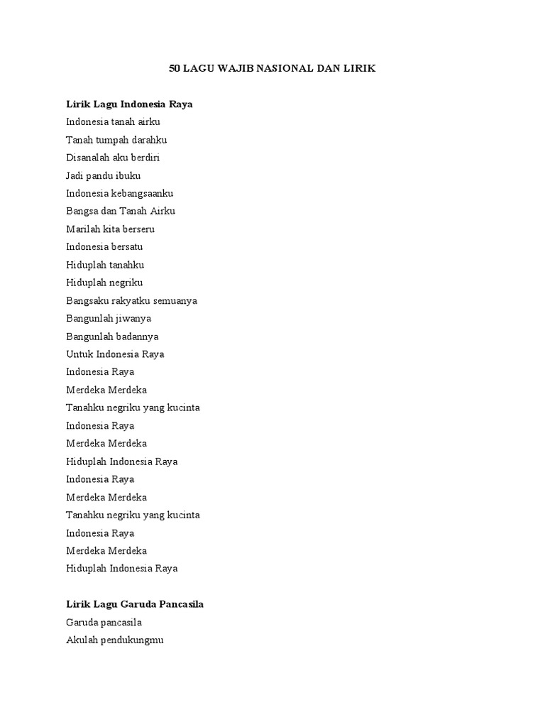 50 Lagu Wajib Nasional Dan Lirik | PDF