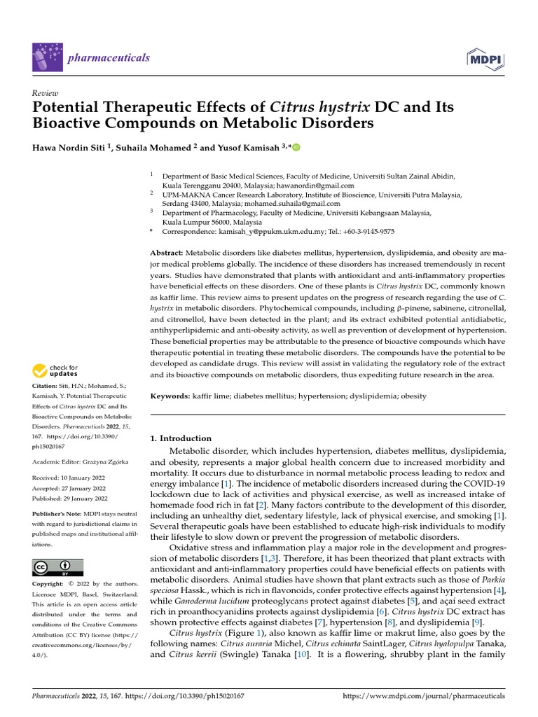 Potential Therapeutic Effects of Citrus Hystrix DC | PDF | Citrus | Pharmacology