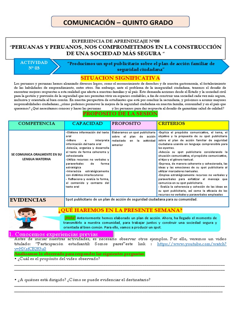 EXPERIENCIA DE APRENDIZAJE N°08 - ACTIVIDAD N°03 - 5TO GRADO | PDF | Aprendizaje | Perú