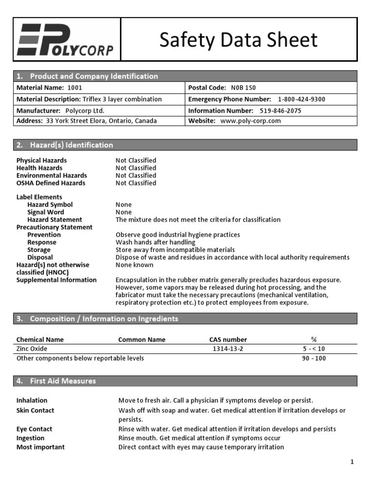 1001 SDS | PDF | Dangerous Goods | Hazards