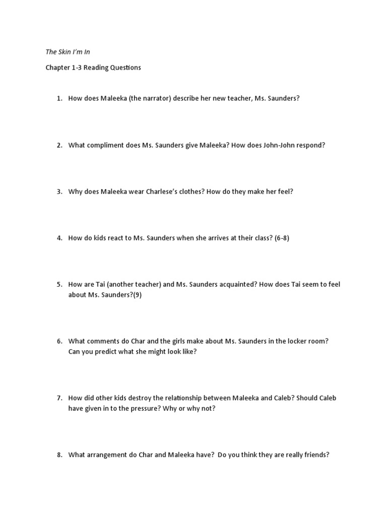 Skin I'm in - ch1-3 Questions | PDF