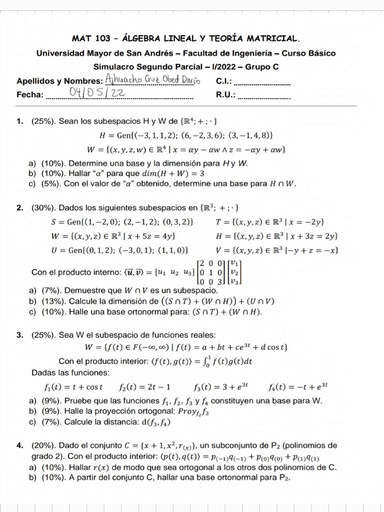 Albegra Lineal Solucionario (Segundo Parcial Mat103) | PDF