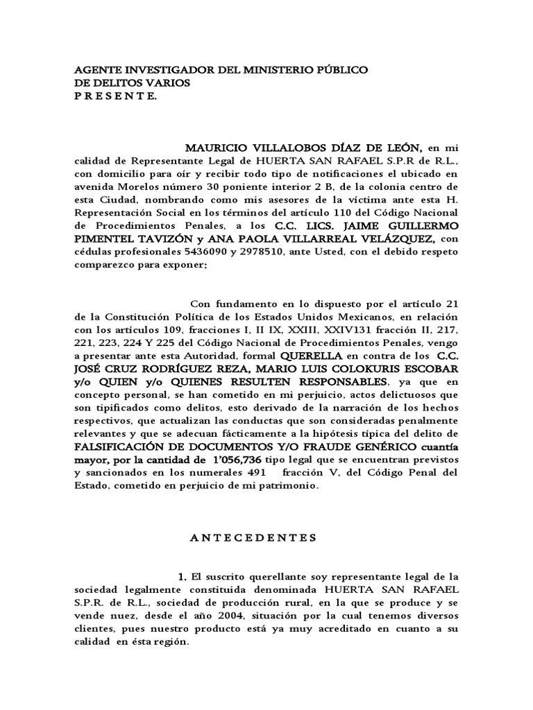 Denuncia Huerta San Rafael FRAUDE GENERICO | PDF | Queja | Ley común