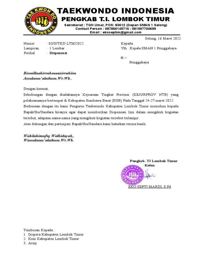 Surat Dispensasi Ke Sekolah (Atlet Porprov 2022 KSB) - 1 | PDF