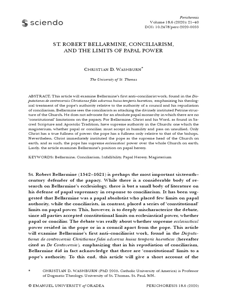 ST Robert Bellarmine Conciliarism and The Limits of Papal Power ...