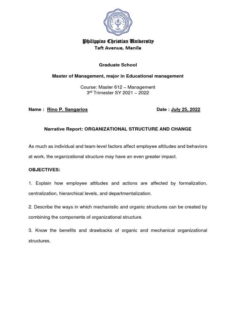 Management - Organization Structures and Change - Narrative Report ...