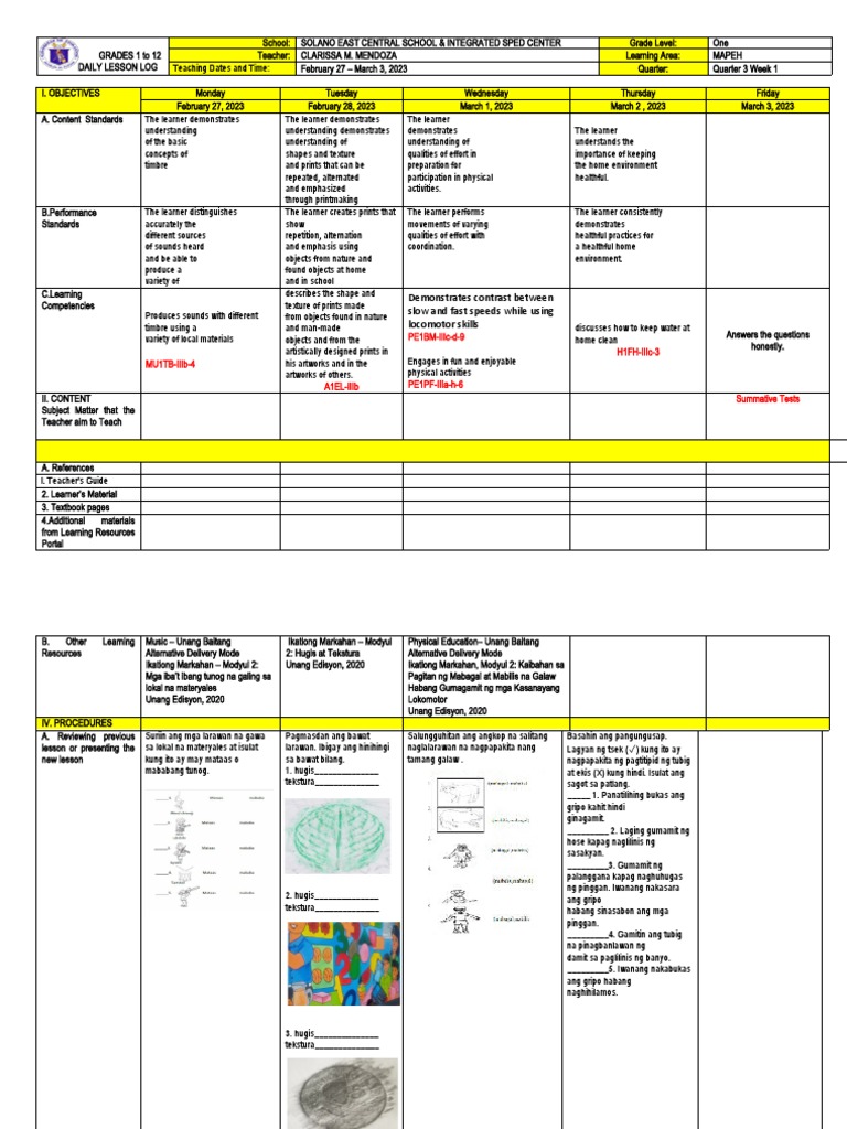DLL MAPEH 3rd-Quarter Week-3 | PDF | Learning | Sound