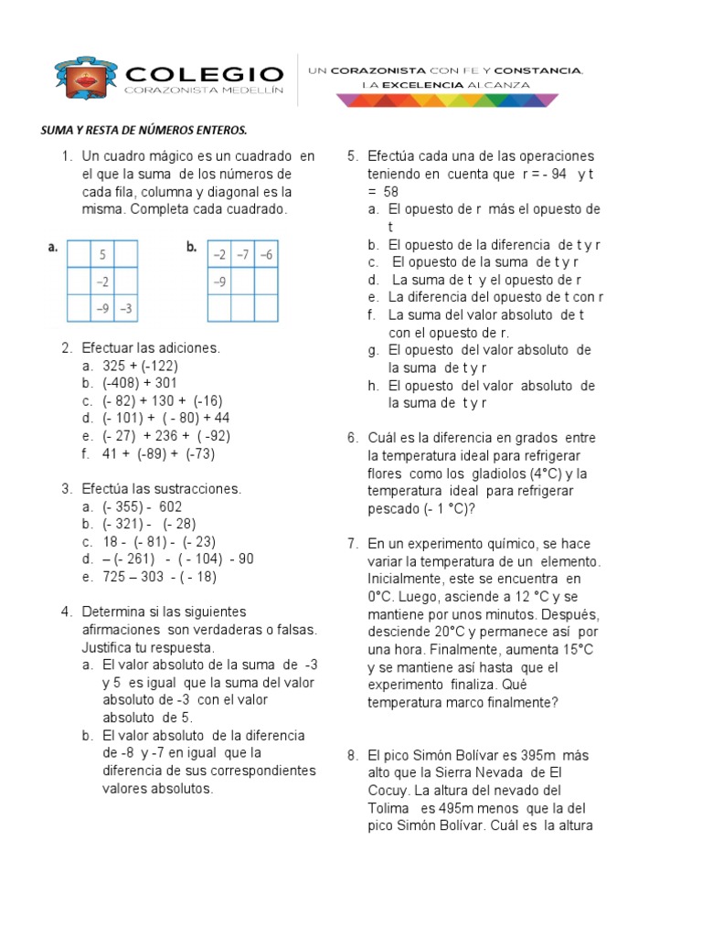 Taller Suma y Resta de Enteros | PDF | Matemáticas
