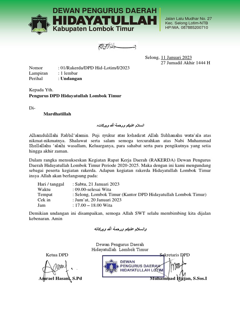 Undangan Rakerda DPD Hidayatullah | PDF