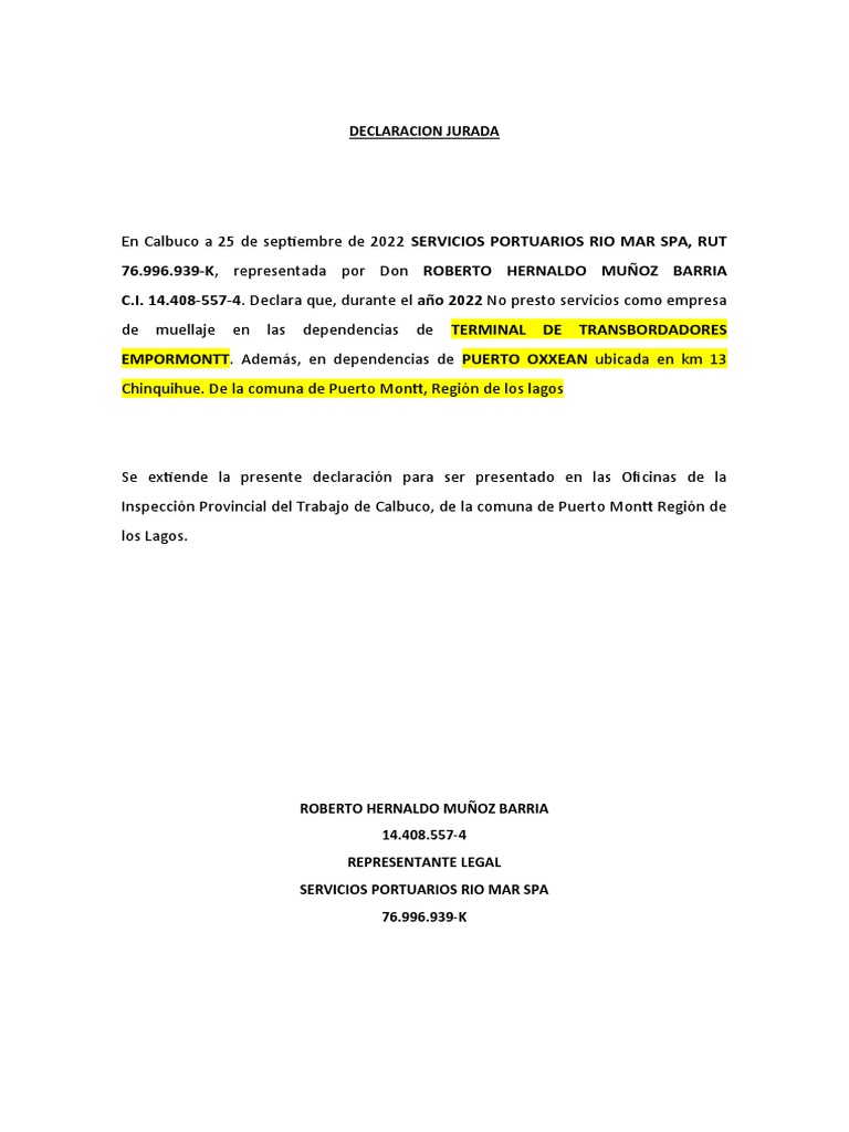 Declaración Jurada Servicios Portuarios 2022 | PDF