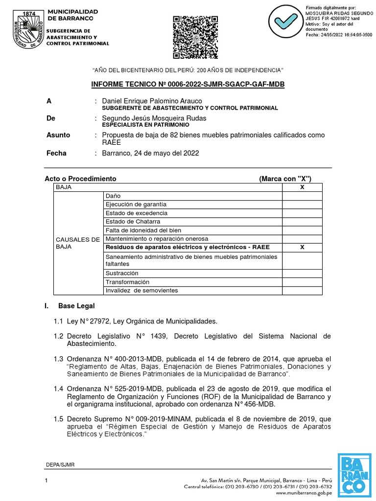 Informe Tecnico #006-2022-Prpuesta Baja 82 Raee (R) (R) (R) (R) (R) (R) (R) | PDF | Residuos