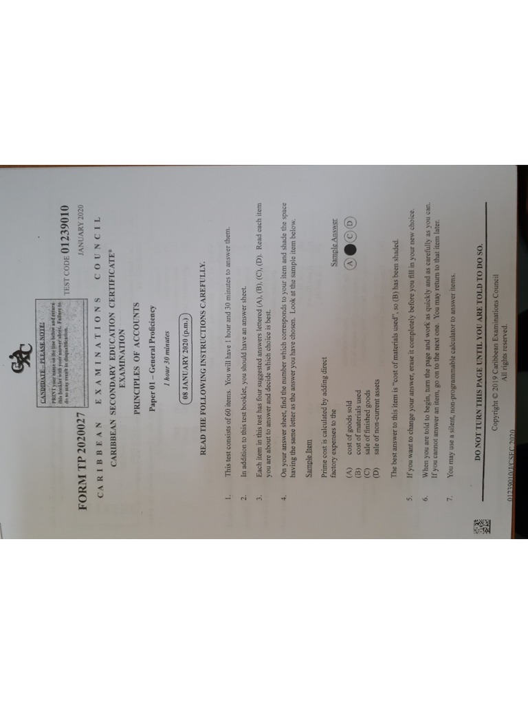 CXC Principles of Accounts - January 2020 - Paper 1 | PDF