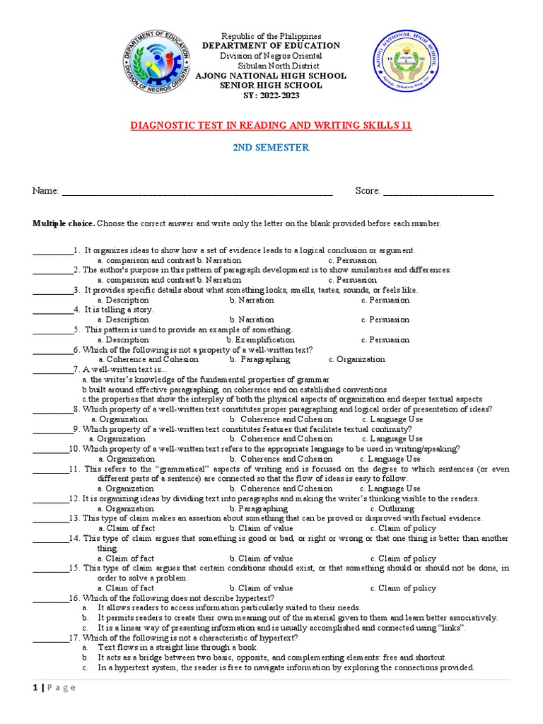Diagnostic Test Reading and Writing | PDF