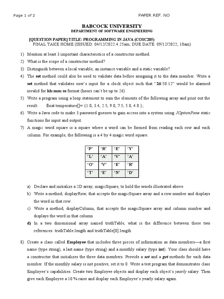 Java Programming Exam with Questions on Constructors, Arrays, Methods, Classes | PDF | Method ...
