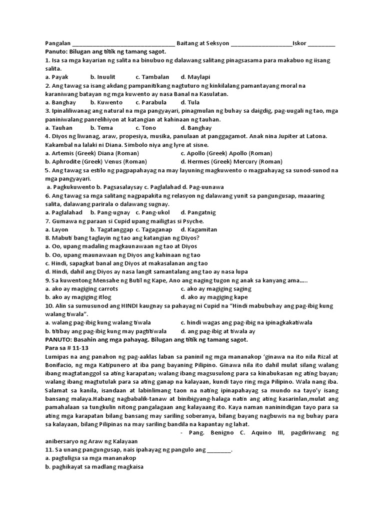 UNANG MARKAHANG PAGSUSULIT Fil10 | PDF